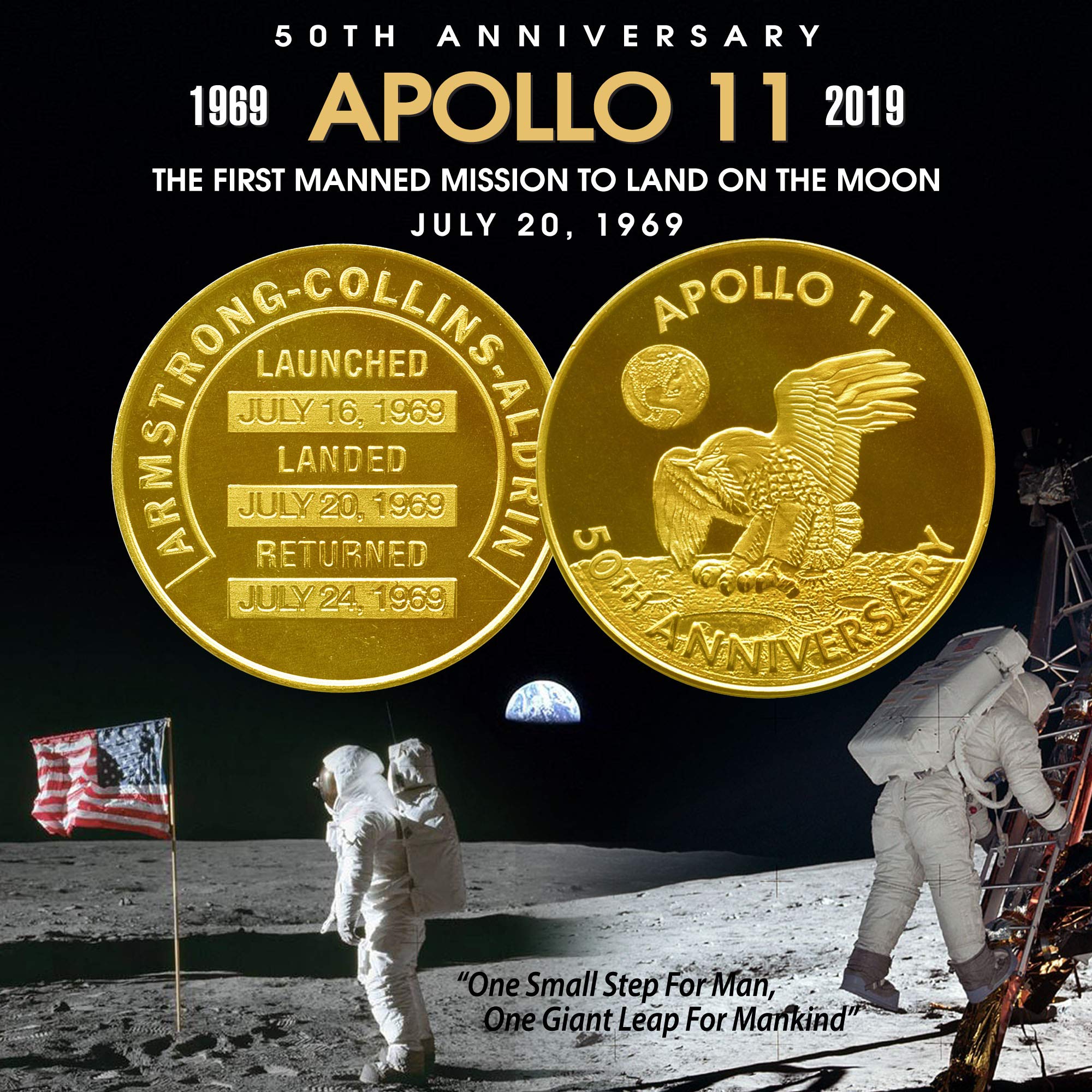 Apollo 11 50th Anniversary Commemorative NASA Robbins Medallion Tribute Coin clad in 24K Gold with Capsule