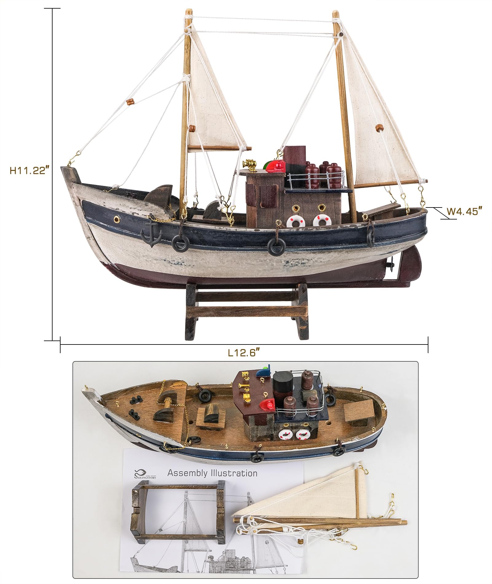 SAILINGSTORY Wooden Fishing Boat Model Sailboat Decor Ship Model Distressed Finish