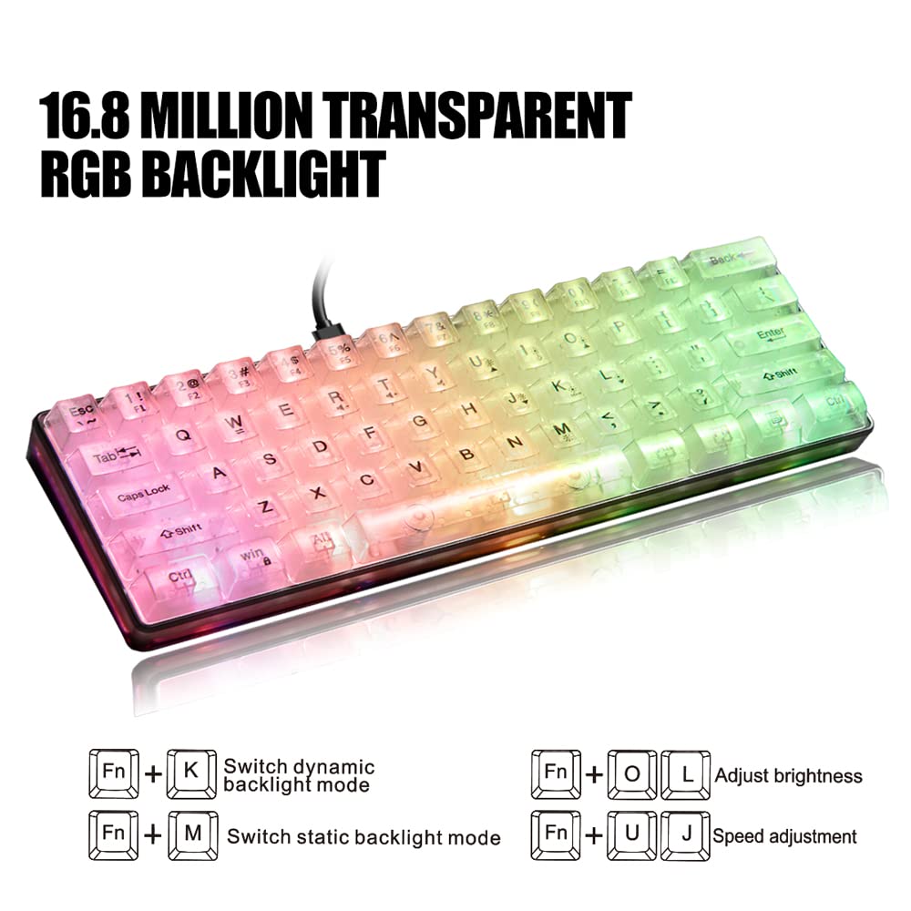 7KEYS 60% Percent Gaming Keyboard, 61 Keys Colorful RGB Backlight Transparent, Portable and Compact, Anti-ghosting Gaming Keys, USB-C Detachable Wired Cable for Mac, Laptop, PC Gaming