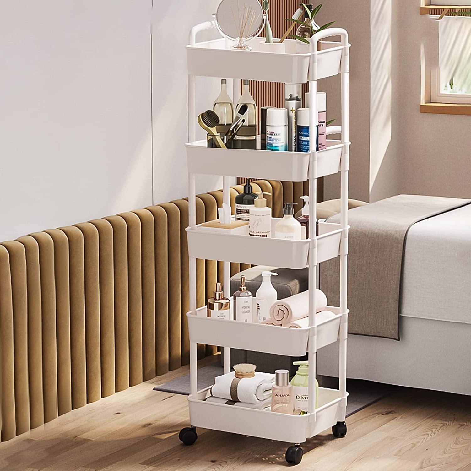 7 code 3 Tier Rolling Cart, Plastic Storage Cart, Multi-Functional Utility Cart Kitchen Storage Organizer,Mobile Shelving Unit Cart with Lockable Wheels for Bathroom,Laundry,Living Room,Black