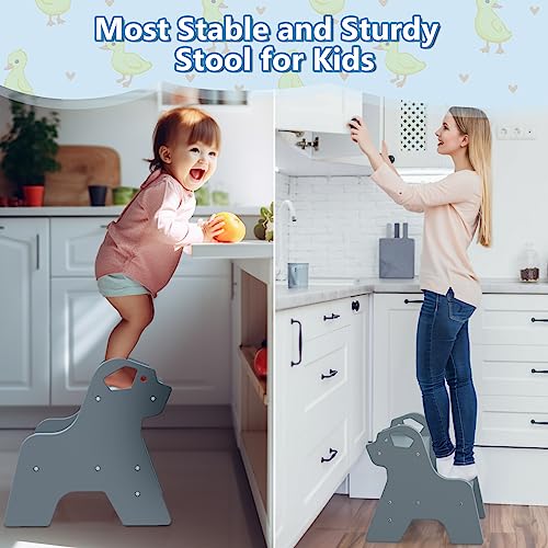 Jemyda 2 Step Stool for Kids, Toddler Step Stool for Bathroom Sink, Non-Slip Kid Stool for Toilet Potty Training, Durable Sturdy Step Stool for Kitchen (Grey Dog)