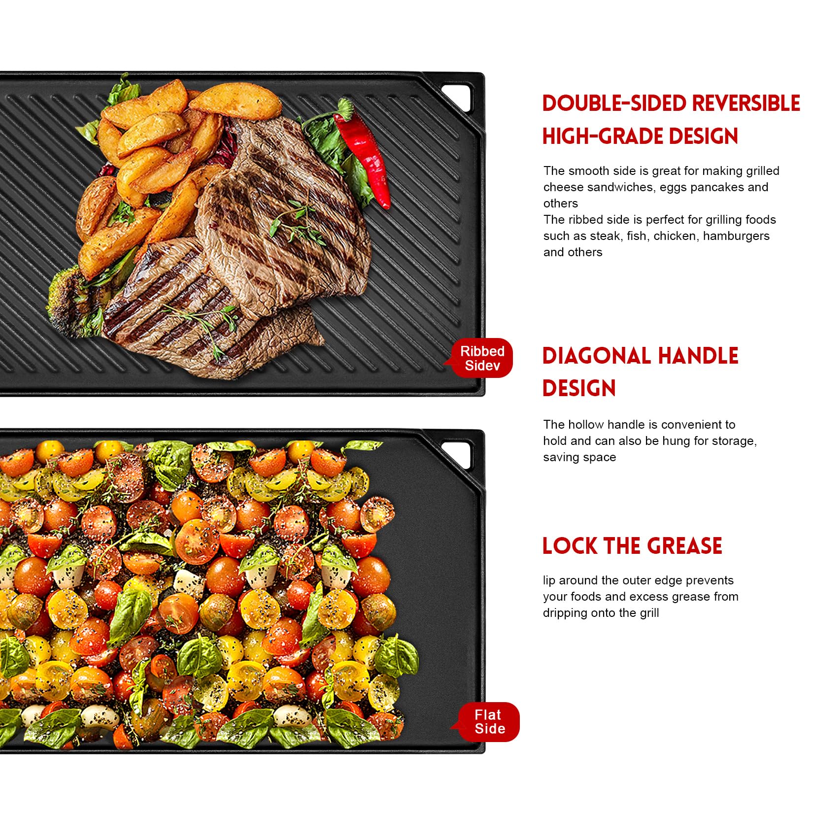 GGC Cast Iron Griddle, Reversible Flat Top Griddle for Gas Grills, Stove Tops, and Outdoor Cooking, 16.5 x 9.5 Baking Flat and Ribbed Griddle Plate for Family Cooking