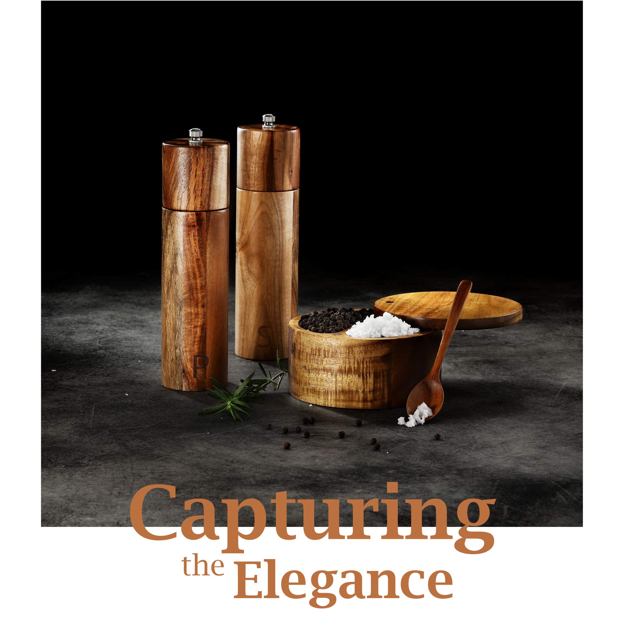 Wooden Salt and Pepper Grinder Set - Premium Set Includes Salt and Pepper Mill/Box with Swivel Lid, Spoon & Cleaner Tool - Perfect Salt and Pepper Shakers Gift (8 inch)