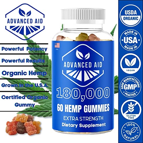 Advanced Aid: Certified Organic Natural Premium Formula Hemp Gummies 180,000mg - Big Gummies with Pure Hemp Oil - Made in The USA (60 Gummies) Read Description