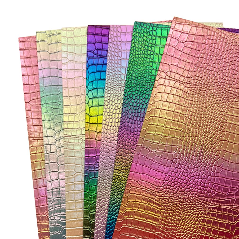 8 x 12 inches Holographic Iridescence Crocodile Faux Leather Sheets, 7pcs A4 Shiny Alligator Textured Synthetic Leather Fabric for Crafts Making Leather Earrings, Bows,Sewing 