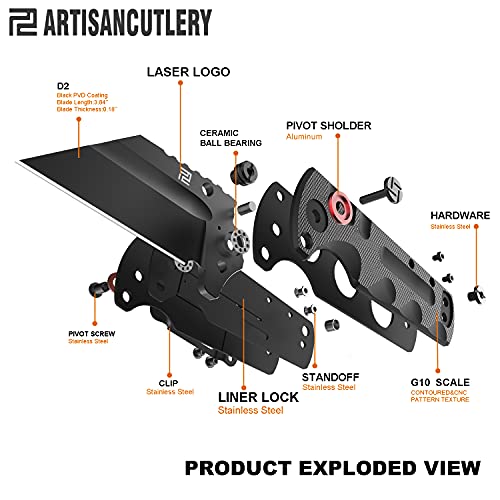 ARTISANCUTLERY Tactical Knife Proponent (1820P) D2 Steel Black PVD Blade Black G10 Handle Pocket Knife Folding Knife EDC Knife