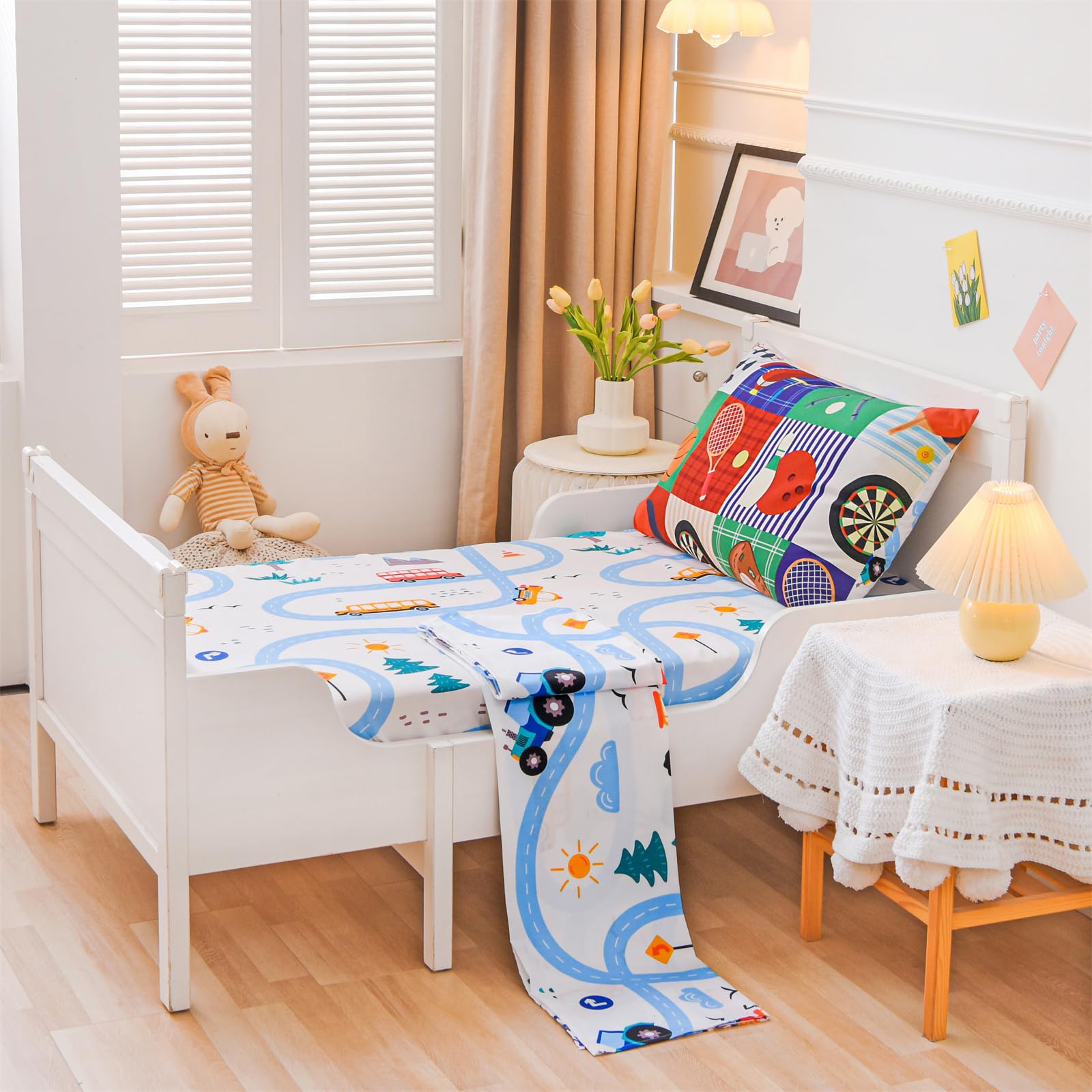 A Nice Night Sports Patchwork for Boys Basketball Baseball Gloves Racket Soccer Toddler Bedding Set,Includes Comforter, Flat Sheet, Fitted Sheet and Pillowcase,with Game Printed Lining