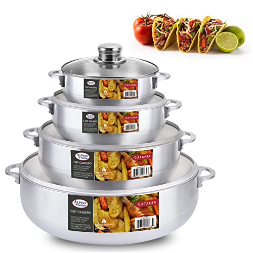 Alpine Cuisine 8 Piece Set Aluminum Caldero Stock Pot with Glass Lid, Commercial Grade Cooking Dutch Oven