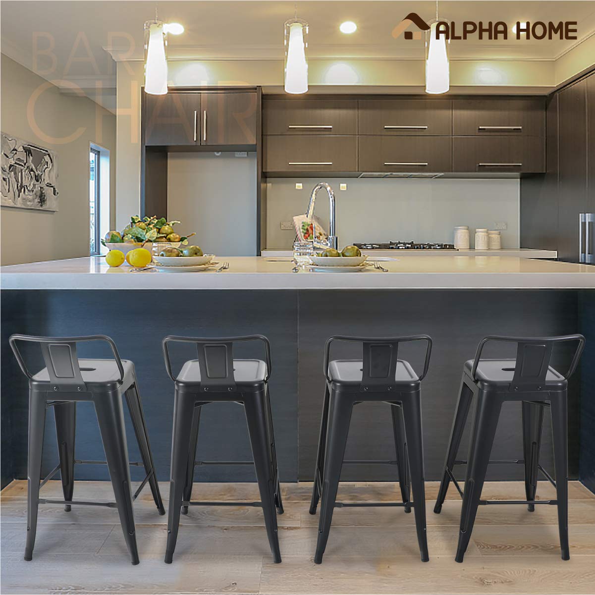 ALPHA HOME Metal Bar Stool Patio Stool 24 inches Counter Height Stools Set of 4 with Low Back Bar Chair for Indoor-Outdoor Kitchen Weight Capacity 350 lb, Matte Black