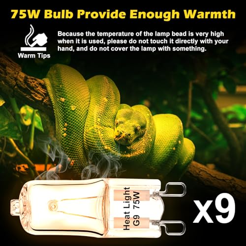 9 Pack Heat Lamp Bulbs for Reptile Dimmable G9 Mini Halogen Bulbs Warm White 75W Essential Heat Source for Bearded Dragon Gecko Turtle Lizard(9Pack)