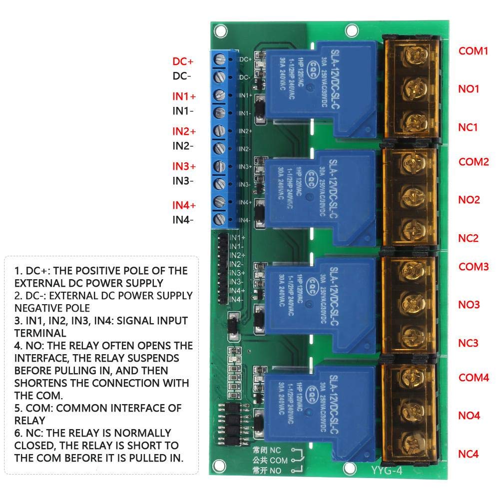 YYG-4 Four Way Relay Module, 30A Control Panel Optocoupler Isolation High Power AC 250V/30A, Less Than DC 30V/30A(12VDC)