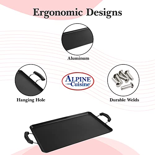 Alpine Cuisine Aluminum Griddle Pan 19x11in | Nonstick Coating & Heat Resistant | Gas Stove Griddle for Cookware with Double Handle - Ideal for BBQ & Serving Pancakes, Hand Wash - Gray