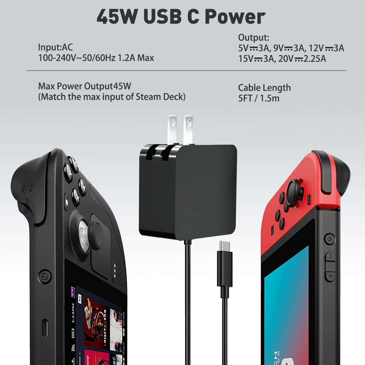 45W USB C Charger for Steam Deck and Nintendo Switch,Foldable Power Adapter Supports Super Fast Charging,AC Adapter Compatible with Laptops Tablet