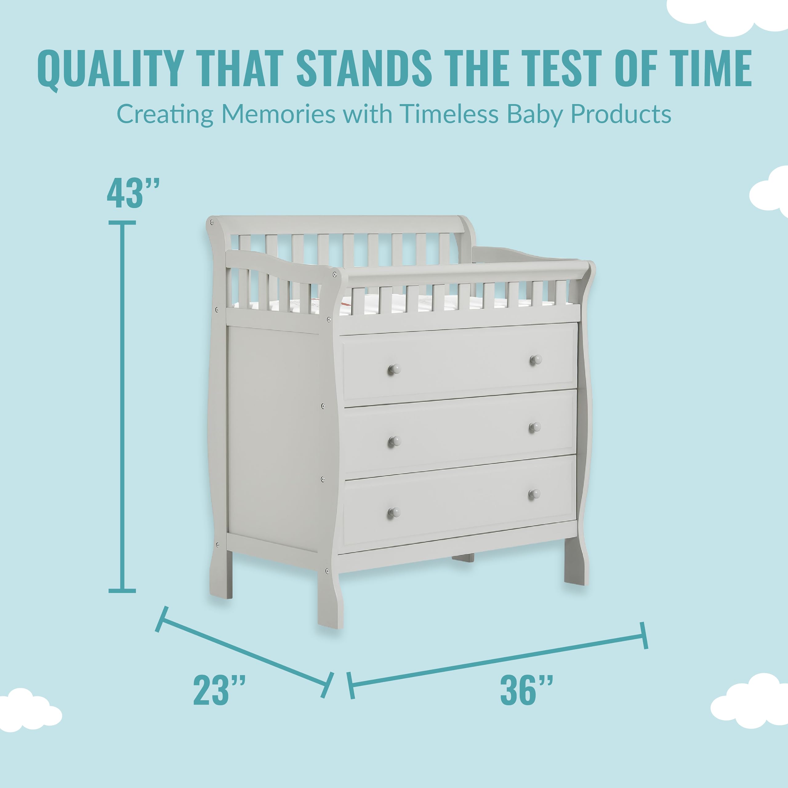 Dream On Me Marcus Changing Table And Dresser In Grey, Features Three Spacious Drawers, Non-Toxic Finishes, Comes With 1" Changing Pad, Made Of Solid Wood