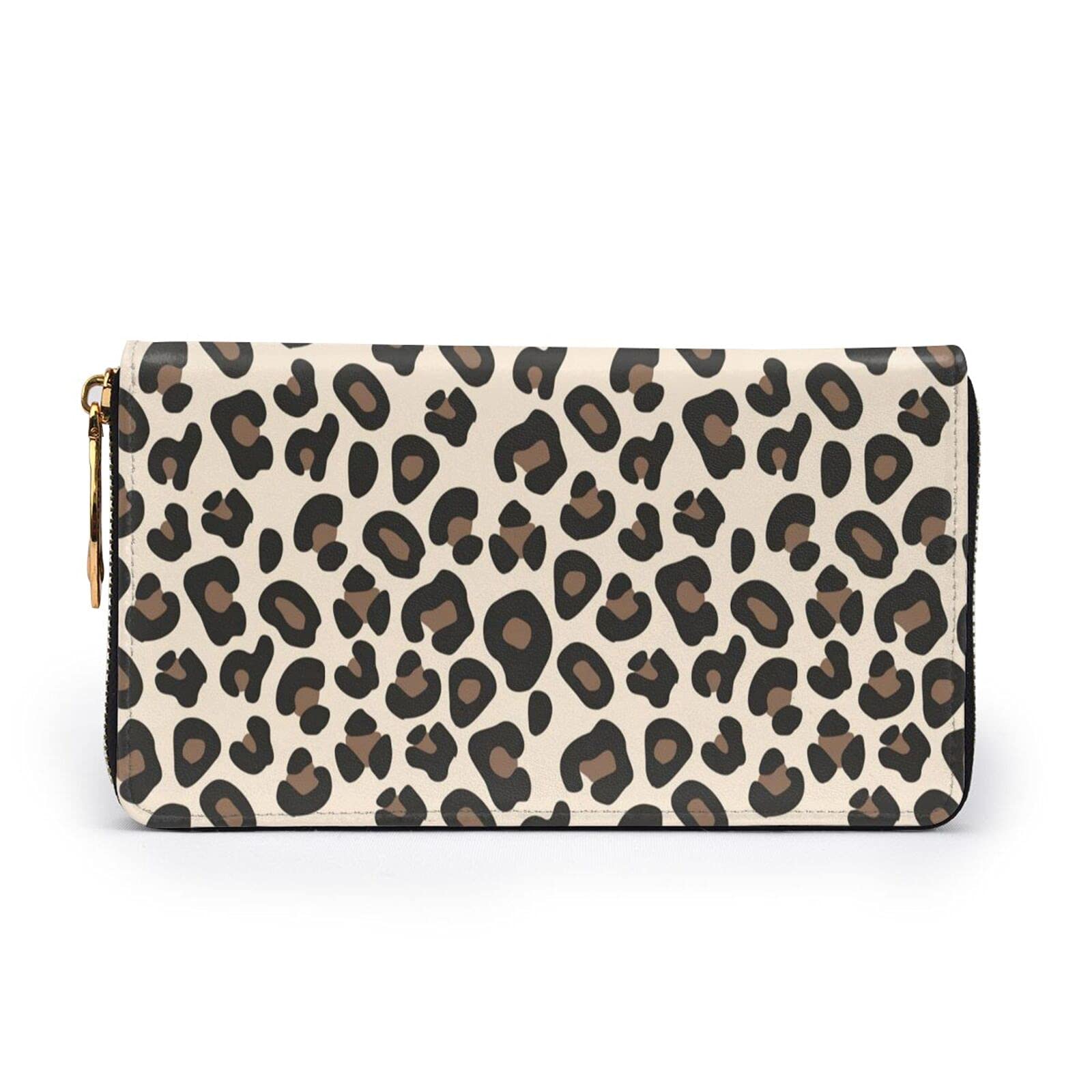 AJUNJUNPAI Cheetah Leopard Print Cowhide Leather Clutch Print Wallet for Women Purse Organizer Zip Around Cards Phone Holder, Black, One Size
