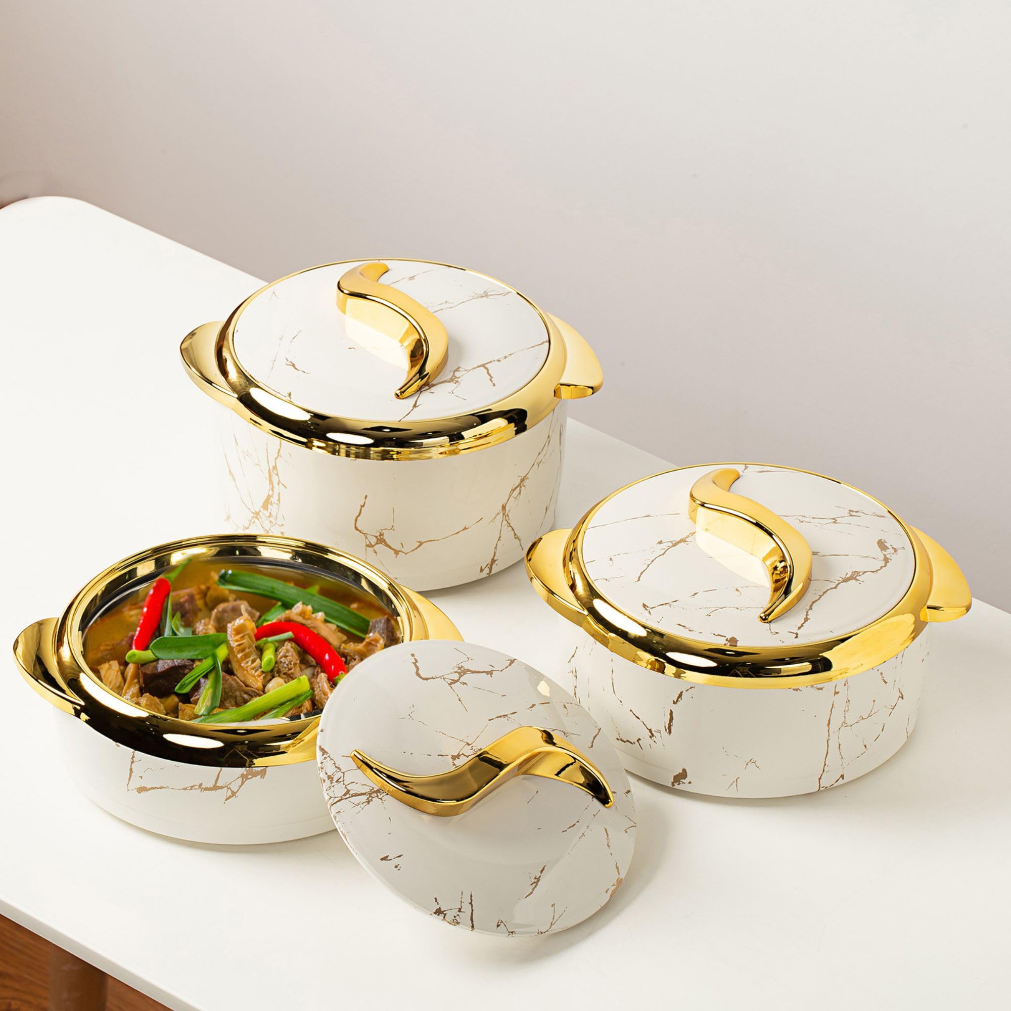 Hywisnok Luxury 3-Piece 2.6/2.1/1.6qt Thermal Casserole Dish Set with Lids, Insulated Stainless Steel Container for Hot & Cold Food, Serving Bowl for Buffets/Parties-Marble White