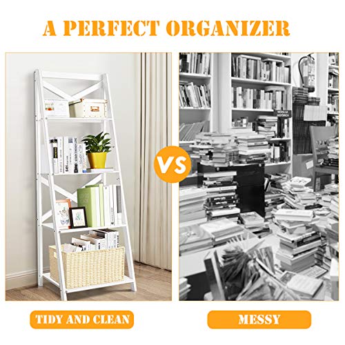 Tangkula 4-Tier Ladder Shelf Bookcase Leaning Free Standing Wooden Frame Decor Bookshelf Storage Flower Shelf Plant Display Shelf for Home Office (White, 2)