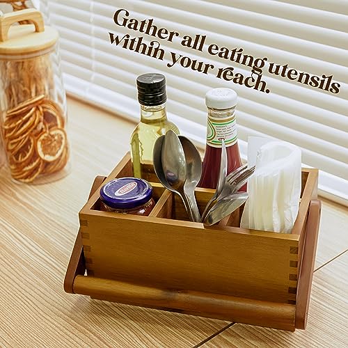 Acacia Wood Silverware Caddy with Handle - Wooden Utensil Holder for Condiment and Party Essential - Flatware Holder for Kitchen, Office, Bathroom, Bedroom - Ideal for Parties, Picnics, Countertops