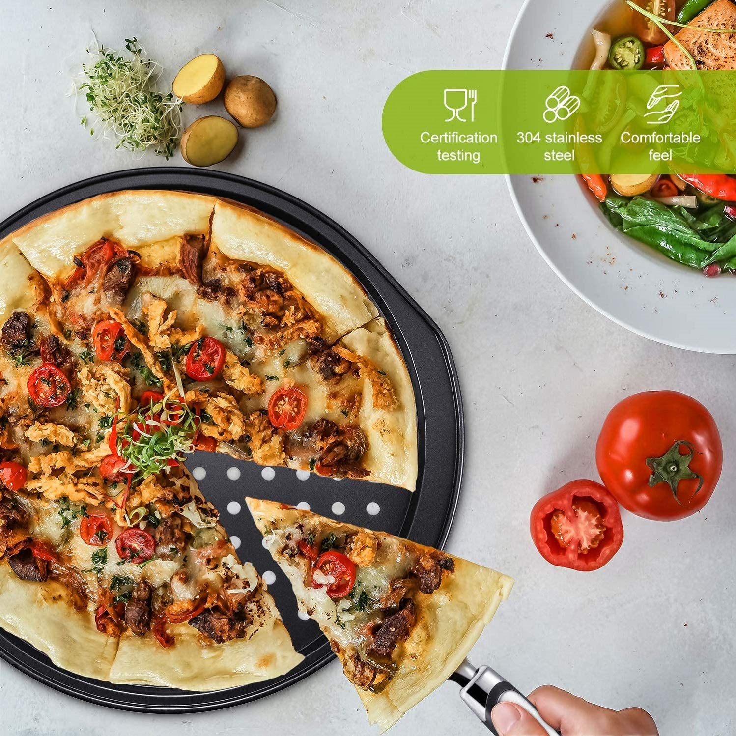 Alices Latest 13 Inch Nonstick Carbon Steel Pizza Pan Bakeware with holes Pizza Baking Pan for Oven Baking Supplies(35x32x1.3cm)