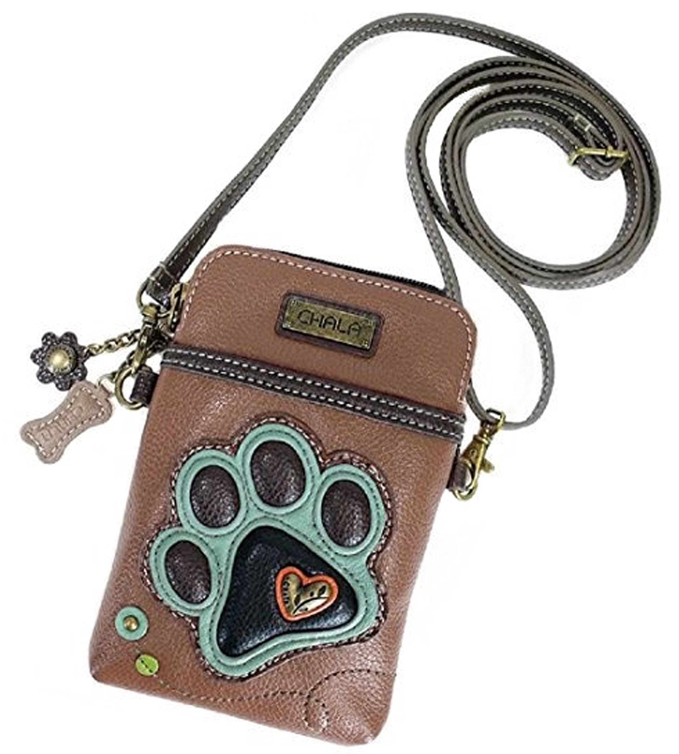 CHALA Dog Lovers Paw Print Cellphone Convertible Strap Crossbody Handbag Dog Lovers, Dog Mom (Teal/Brown)
