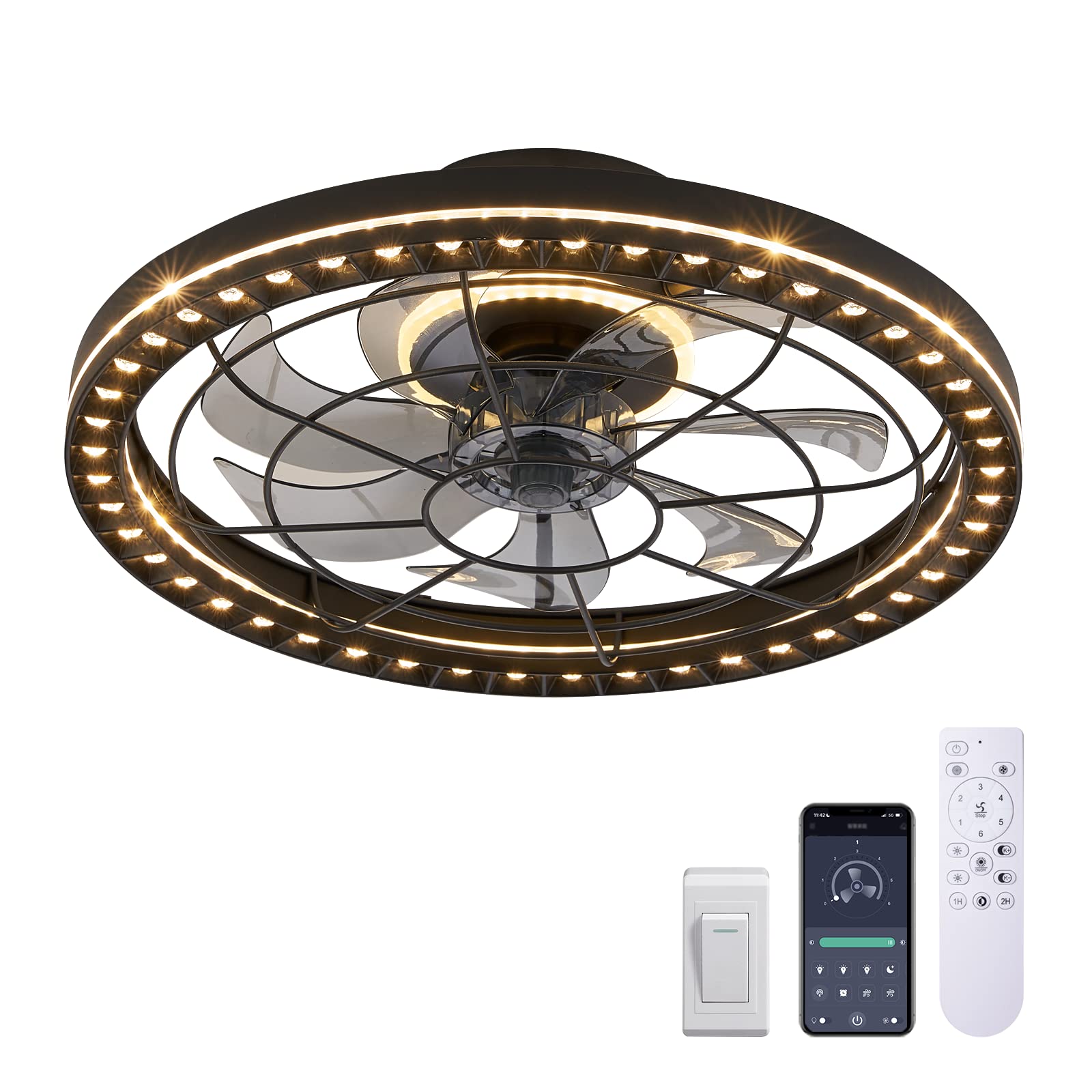 7PM Caged Low Profile Ceiling Fans with Lights and Remote, 19" Smart Flush Mount Ceiling Fan Light Kit for Bedroom, Kitchen Dining Room- Black