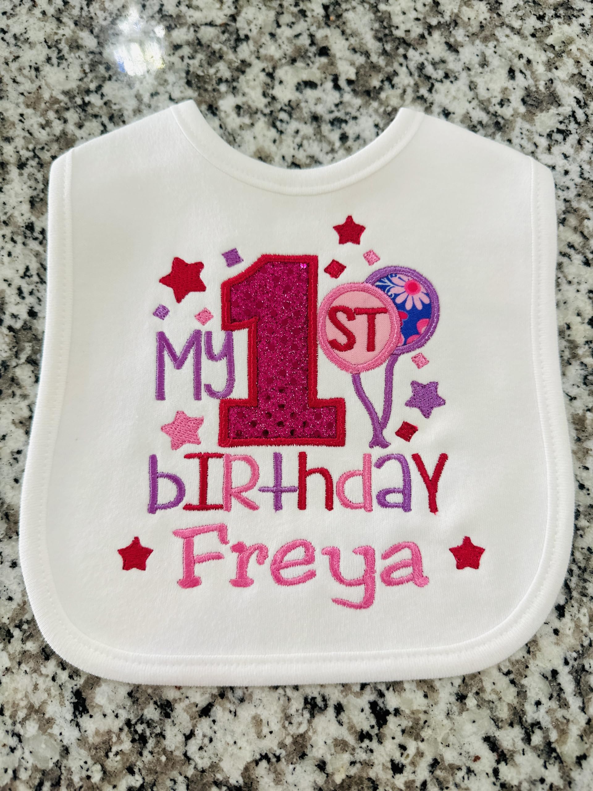 Fantasy Kids Designs First Birthday Baby Girl Bib Balloons Personalized with Custom Name (White Bib/Hot Pink)