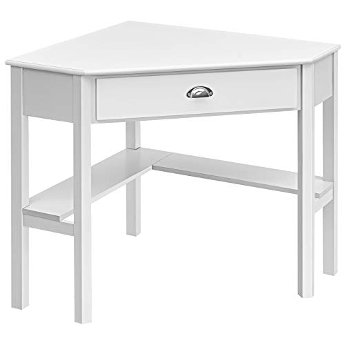 Tangkula White Corner Desk, Corner Computer Desk with Drawer for Small Space, Small Corner Makeup Vanity Desk, 90 Degrees Triangle Corner Desk with Storage Shelves