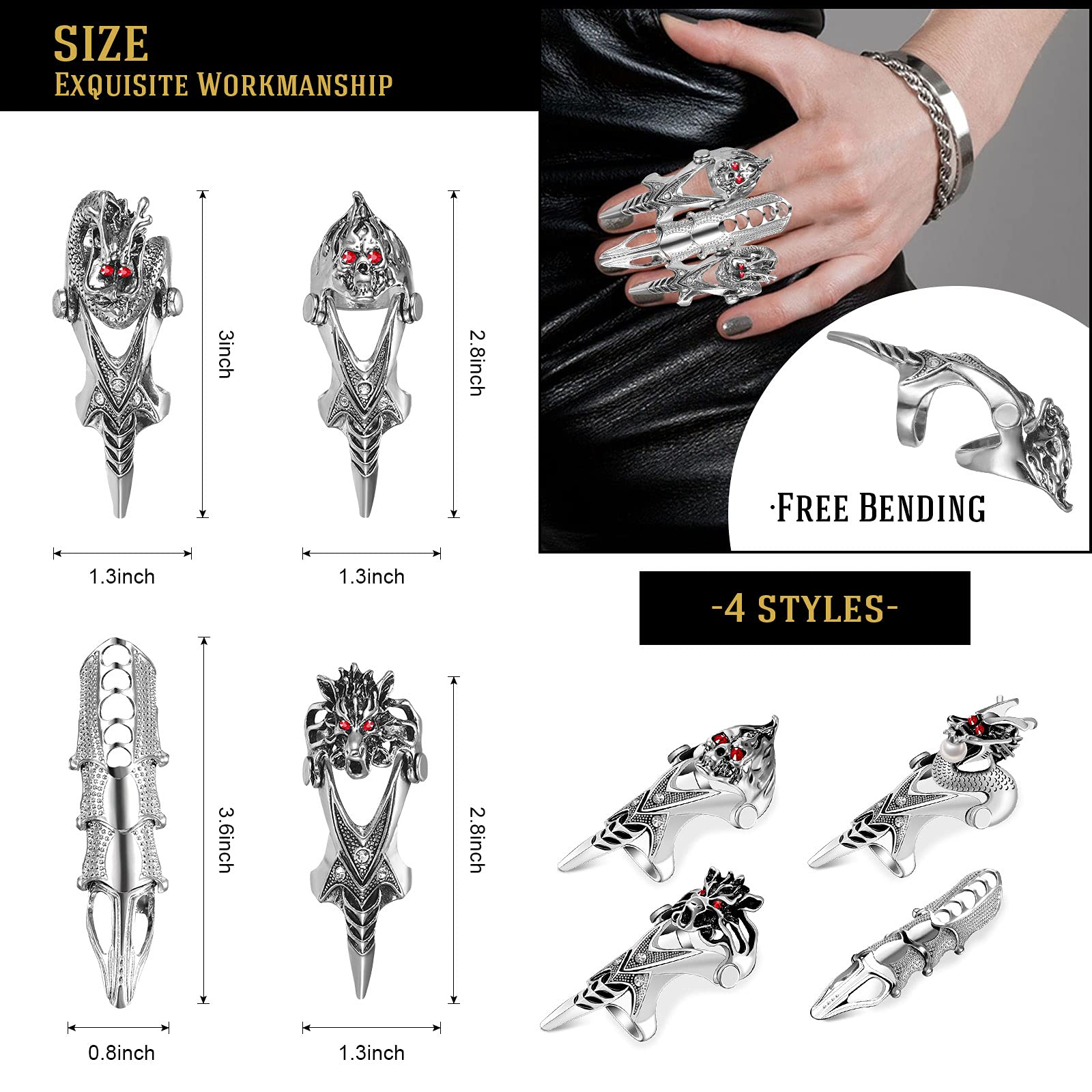 5 Pieces Full Finger Ring Punk Wristband Skull Fingers Hand Bracelet Skull Finger Skeleton Joint Bracelet Knuckle Full Ring for Halloween Accessories (Black)