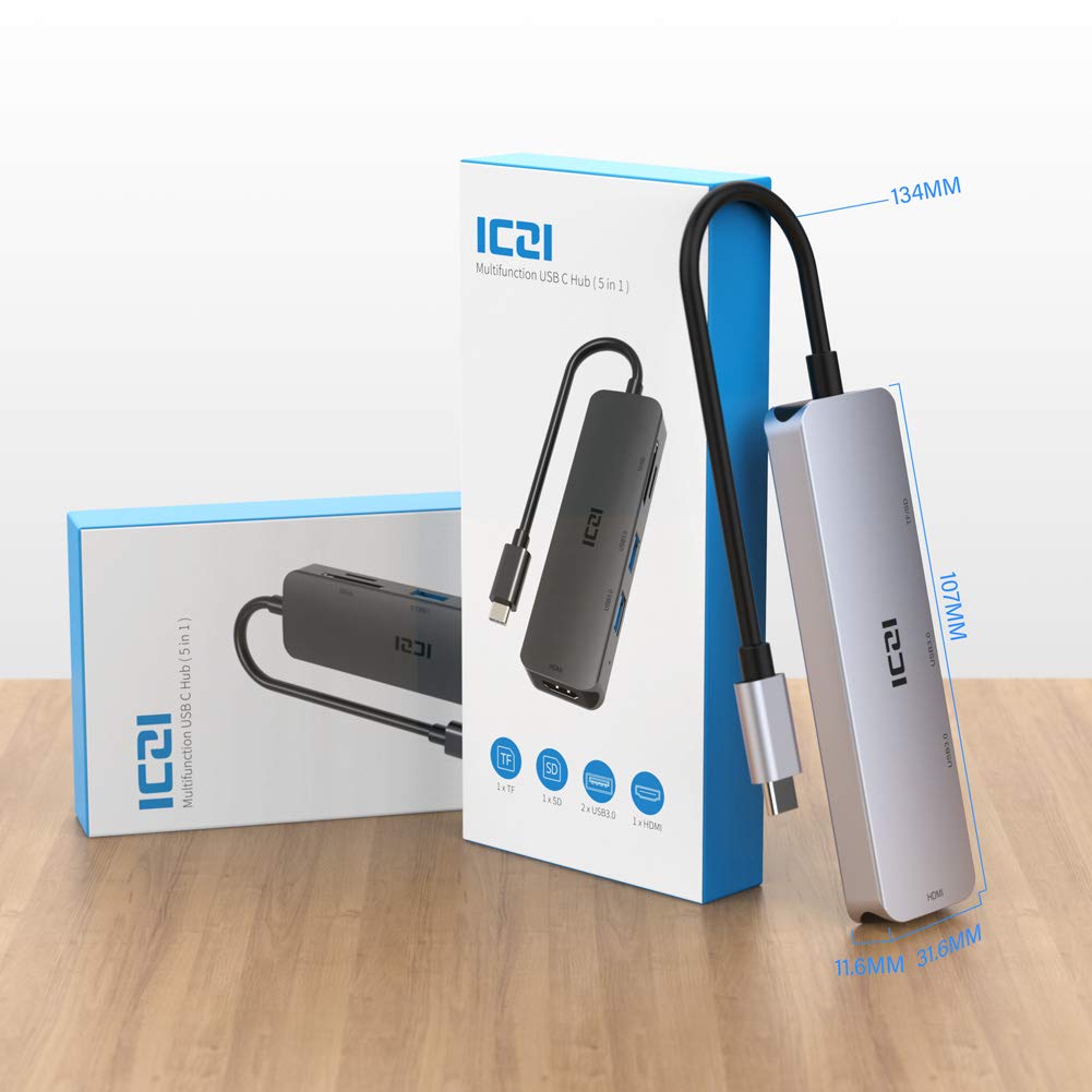 ICZI USB C Hub, 5 in 1 USB C Adapter with 4K HDMI, 2 USB-A 5Gbps Data Ports, SD/TF Card Reader, Thunderbolt 3 Compatible USB C Dongle for MacBook Pro/Air and More USB-C Devices