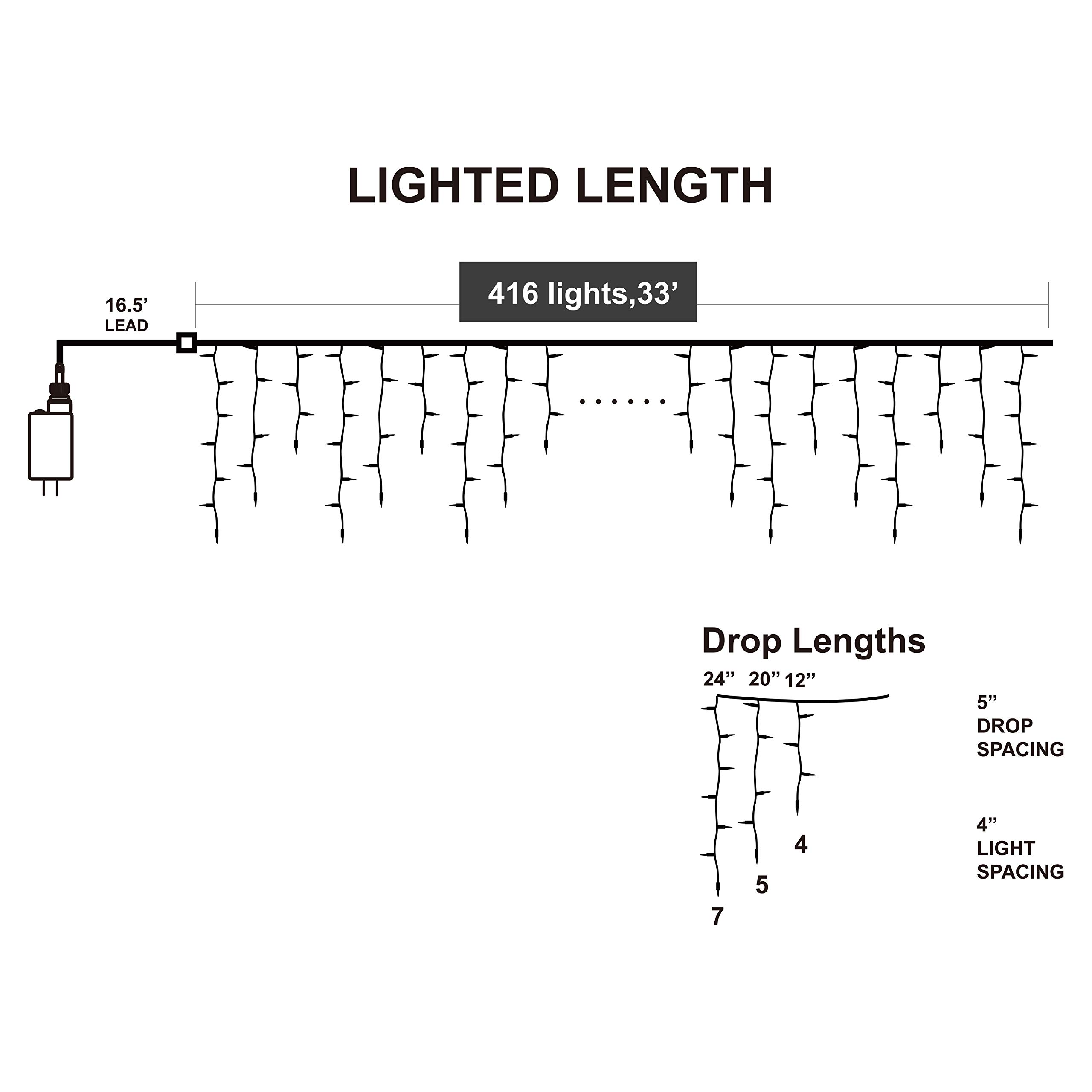 416 LED Christmas Icicle Lights for Indoor & Outdoor Decorations, Christmas Events, Christmas Eve Night Decor, Christmas Tree, Eaves (Warm White)