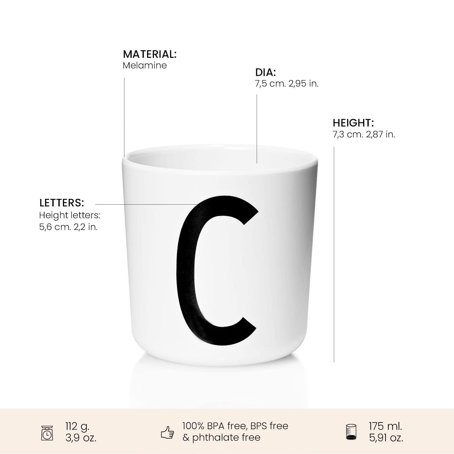 Design Letters Melamine Sippy cups for Baby 7 Oz A-Z | Kids Cups Designed in Denmark Reusable Cup for Baby 6+ Month|Learning Cup BPA/BPS Free | Children Drinking Cup Dishwasher Safe, Toddler Cup White
