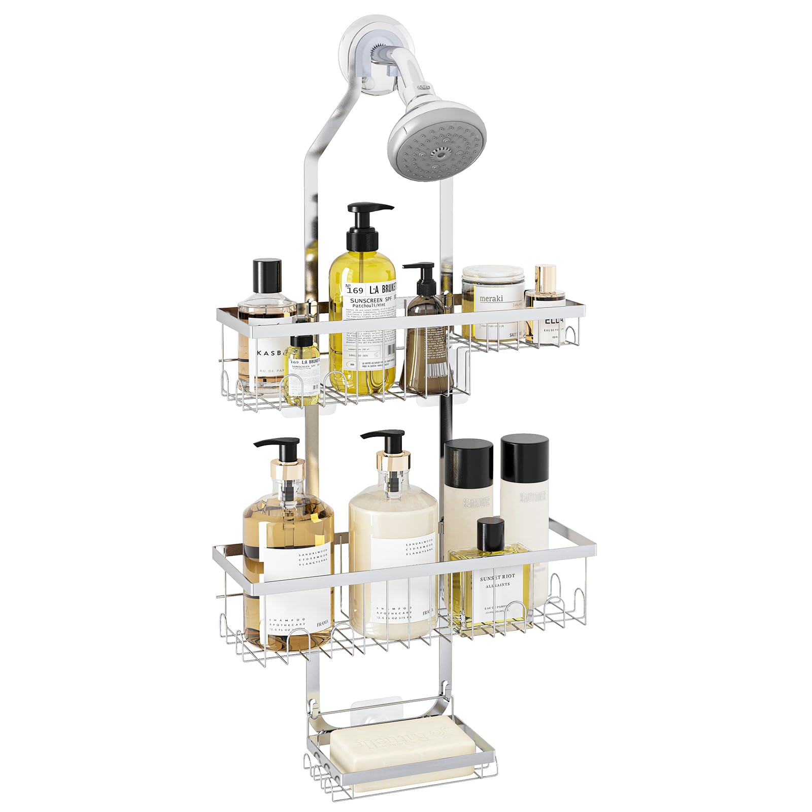 Fixwal Shower Caddy Over Shower Head, No Drilling Bathroom Hanging Shelf Storage Organizer Rack Basket with Hooks, Soap Holders and Adhesives, Rustproof Waterproof Anti-Swing, Bronze
