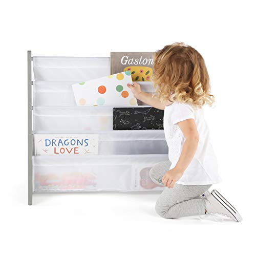 Humble Crew Kids Wood Table and 4 Chair Set, Grey & Grey/White Kids Book Rack Storage Bookshelf, 4 Tiers