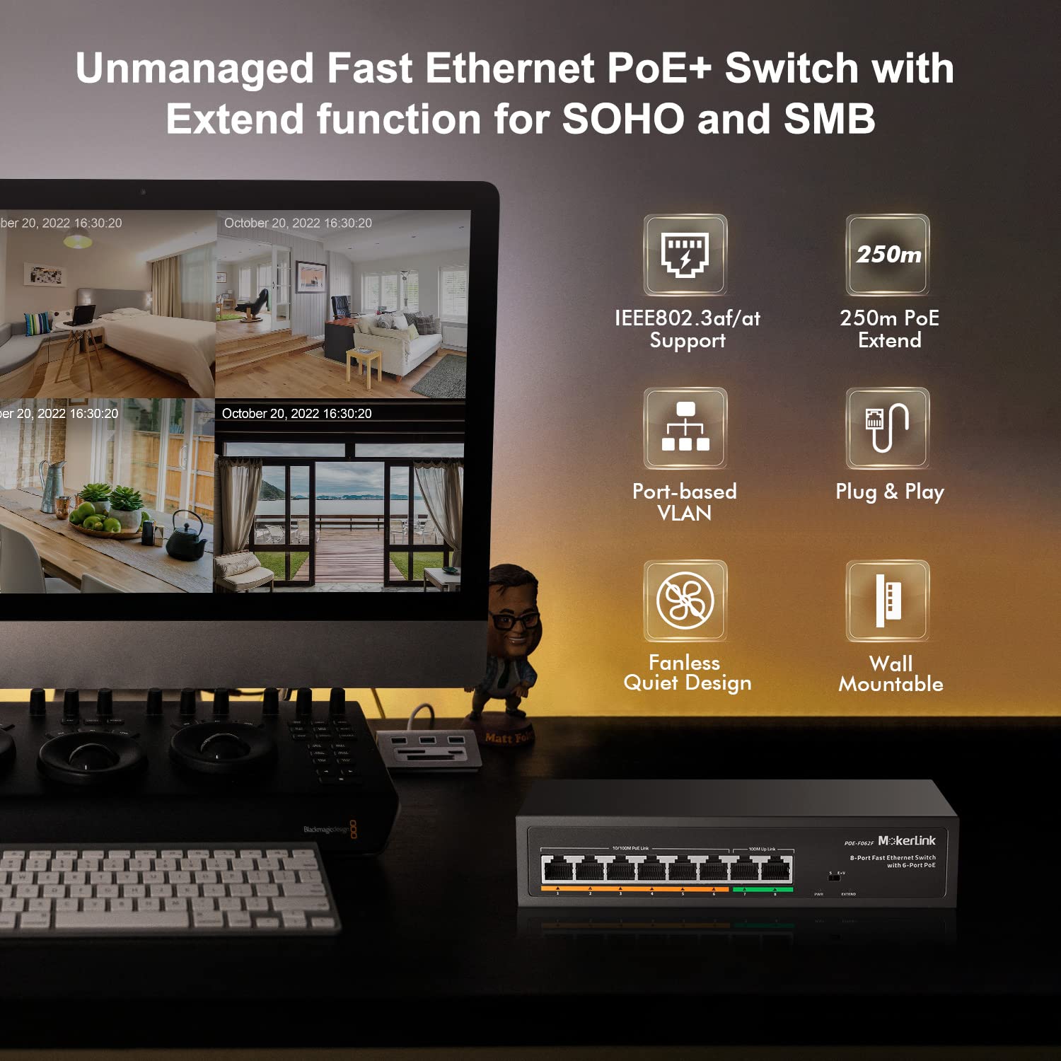 MokerLink 8 Port PoE Switch with 6 PoE+ Port, 2 Uplink, 100Mbps, 78W AI Detection IEEE802.3af/at, Fanless Metal Plug & Play Network Switch