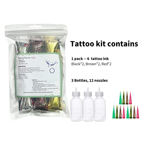 6 Pages Total 110 Tattoo Pattern Stickers Stencils，6 Pcs 3 Color Temporary Tattoo Kit，3 Bottles, 12 Nozzles, Blcak, Red, Brown