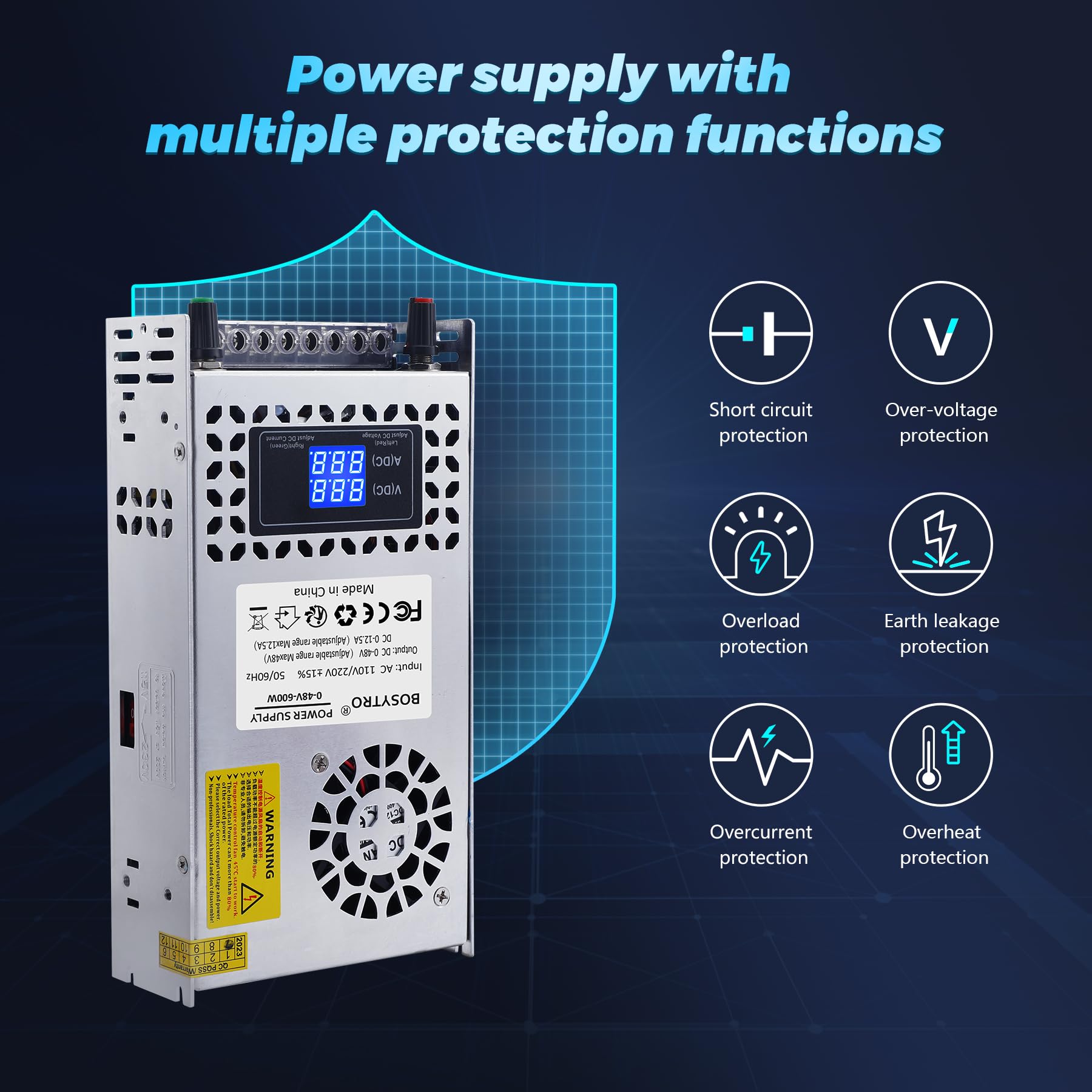 BOSYTRO 48V Adjustable dc Power Supply 600W,Switching Power Supply AC 110V/220V to DC 0-48V DC Converter with LED Digital Display, 5V 24V 36V Buck Converter for Dimmable LEDs,3D Printer,Computer Lab