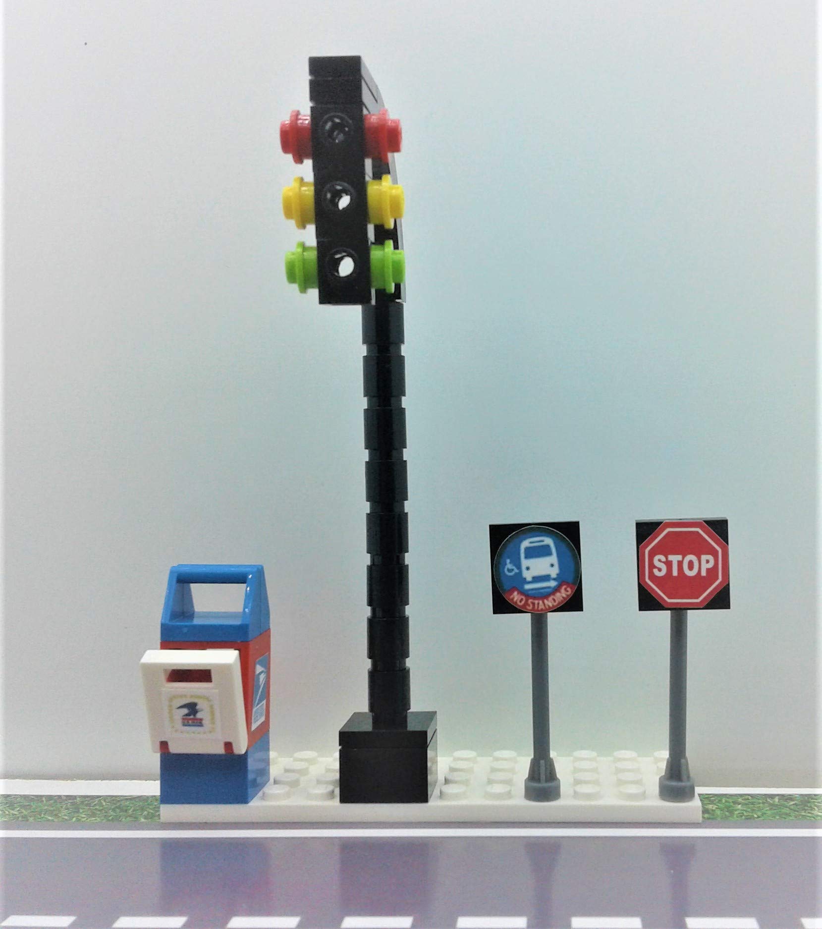 Building Bricks Toys City Town Village Street Main Road Arch Traffic Light, Stop Sign, Bus Stop, Post Box, Road Sign, 4 PCS Playset. for Kids 4+ Plastic