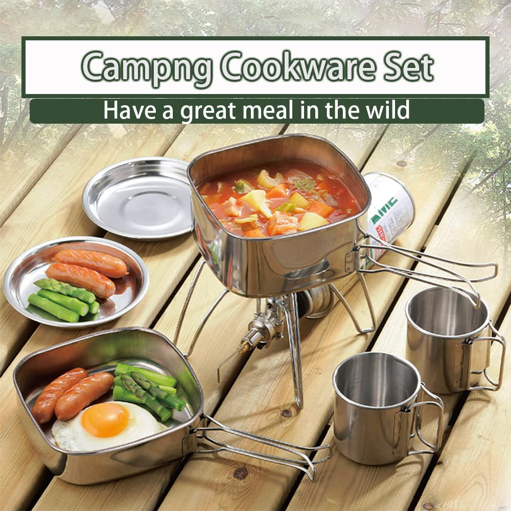 6pcs Portable Camping Cookware Mess Kit for Camping 2 Person Stainless Steel Compact Camping Cooking Set Lightweight Backpacking Cook Set for Camping&Hiking