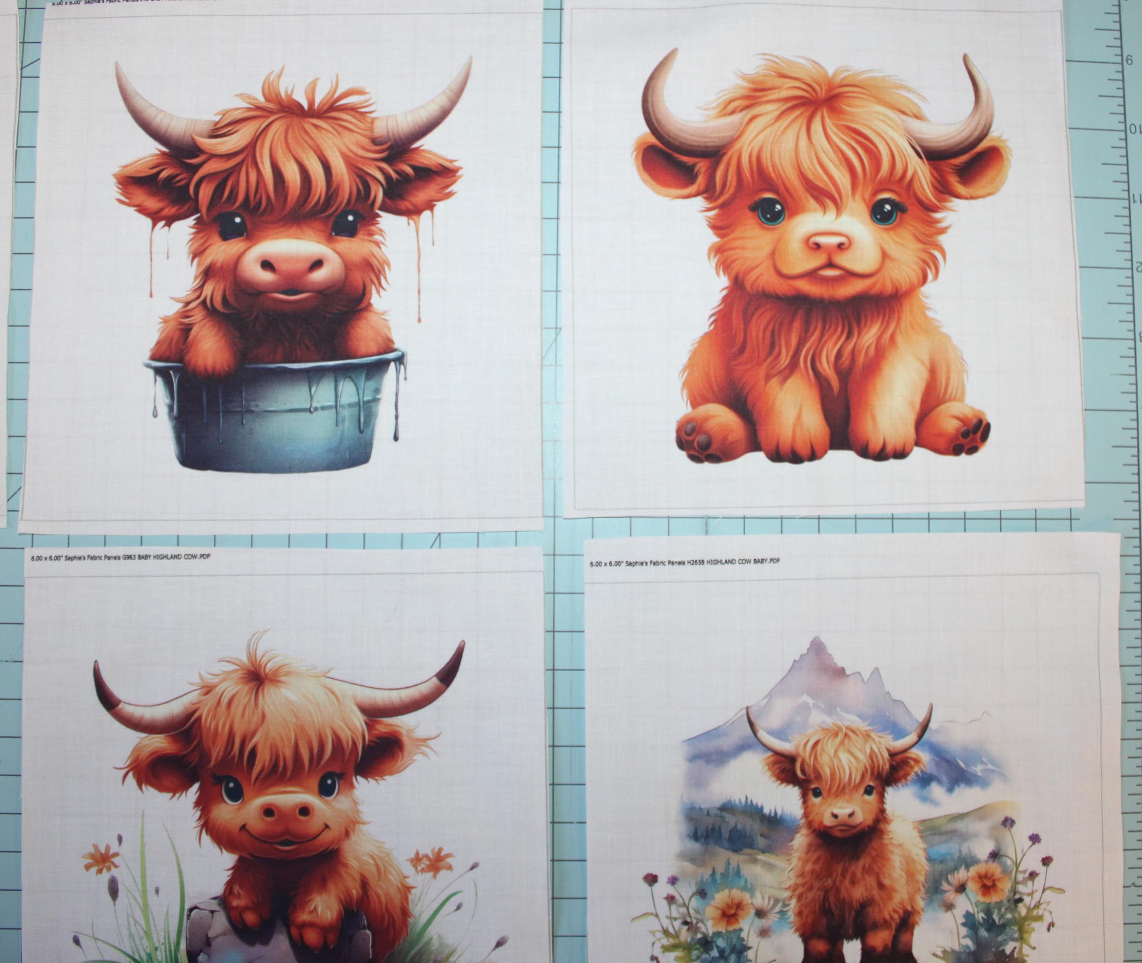 6 Piece 6"x6" Cute Baby Highland Cows 100% Cotton Fabric Panel Squares - Quilting Panel Blocks