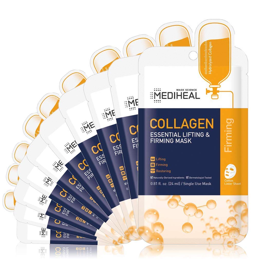 Mediheal Official [Korea's No 1 Sheet Mask] - 10 Pack Collagen Essential Lifting & Firming Mask/Collagen & Peptides & Beta Glucan Contained Anti-Wrinkle and Soothing Facial Mask Sheet