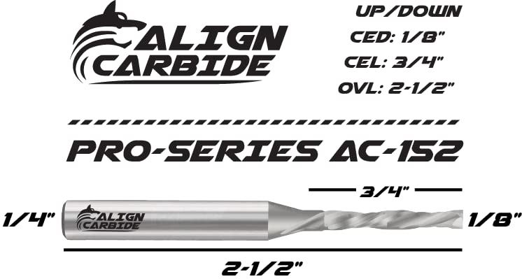 Align Carbide, UP Down (Compression) Router Bit, 1/8 Inch Cutting Diameter, 1/4 Inch Shank, Premium Solid Micro Grain Carbide, Spiral Plunge, 2 Flute, Flat Cutting Face, CNC Router Pro-Series.