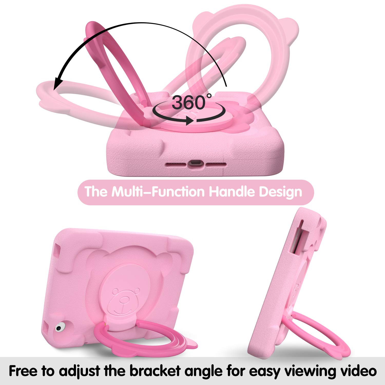 PZOZ Kids Case Compatible for Apple iPad Mini 4 5 7.9 inch, EVA Shockproof Rotate Handle Folding Stand Heavy Duty Protective Cute Boys Girls Cover for 4th Gen 5th Generation (Pink)