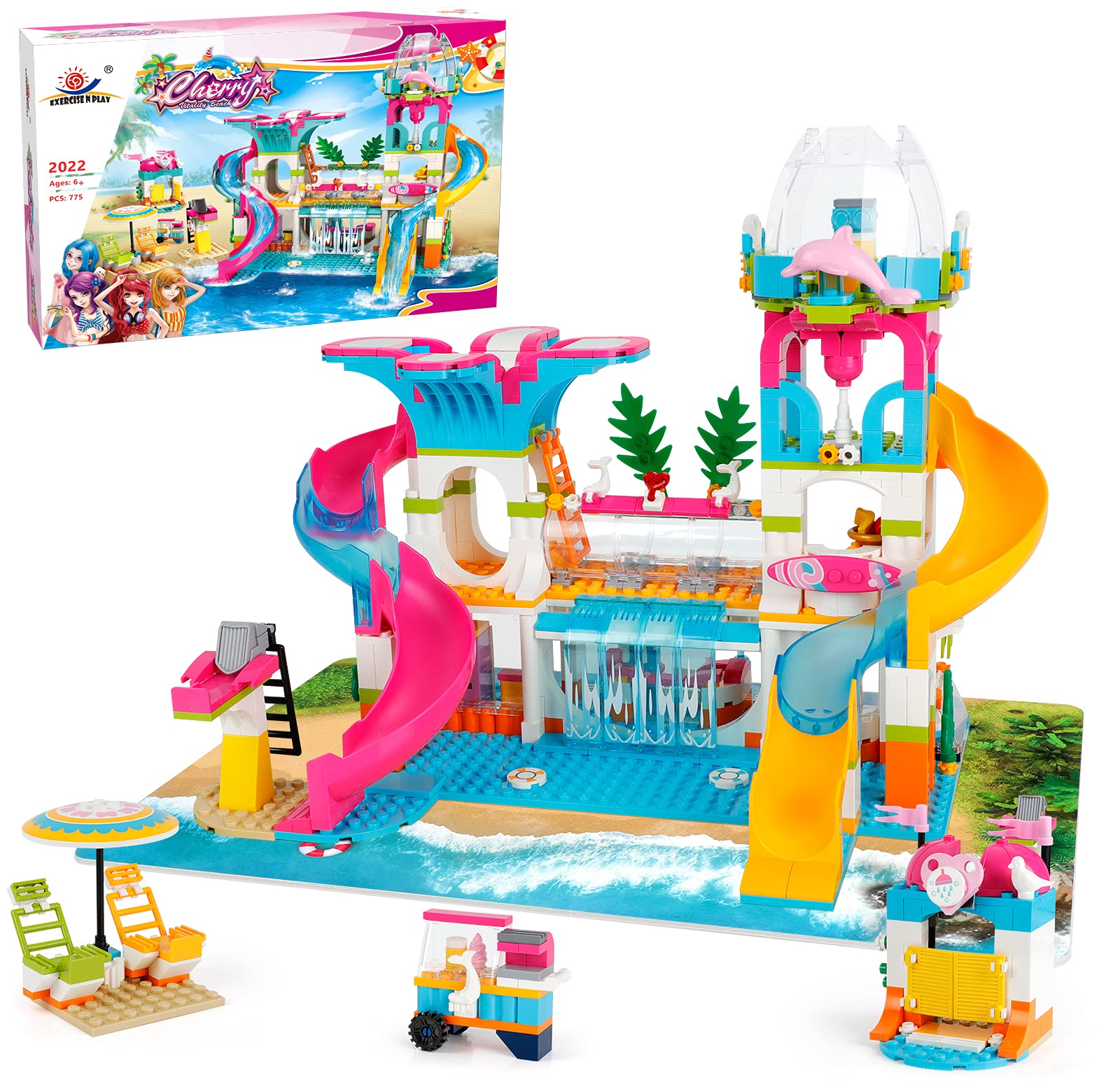 Building Set for Girls Friends Set Summer Swimming Pool Building Toys Water Park Building Blocks Playset Includes Ice-Cream Car, Shower Room, Christmas Birthday Present Gift for Kids Girls 6-12