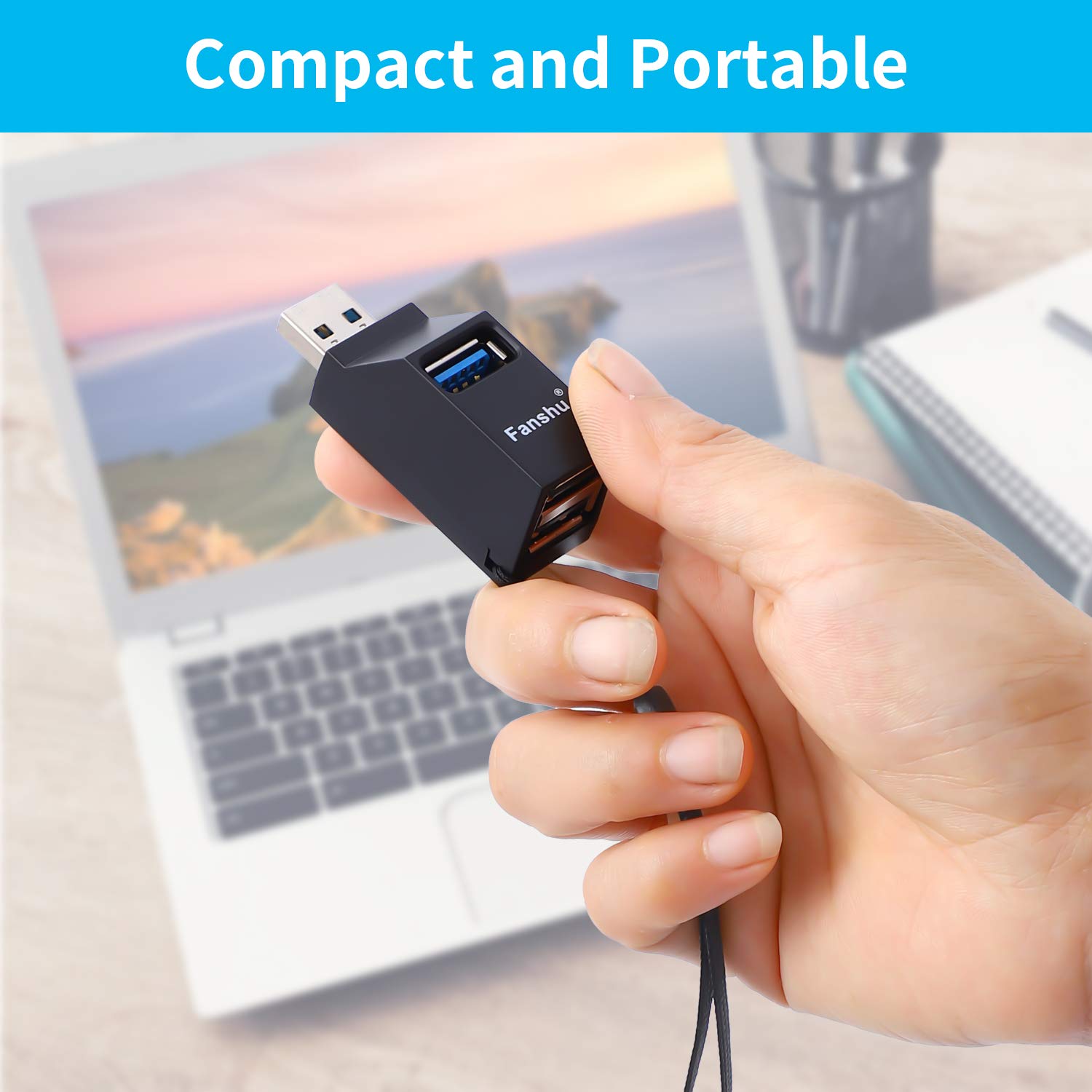 USB 3.0 Hub, Fanshu 3 Port Mini Portable Fast High Speed Bus Powered Data USB Hub Transfer, Splitter Box Adapter Expansion for PC Notebook Laptop Computer Mac Linux Windows