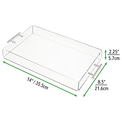 mDesign Modern Acrylic Rectangular Serving Tray with Handles for Food, Tea, Coffee, Breakfast, Snacks, Cheese, Appetizers - Use in Kitchen, Bathroom, Office - Small, 2 Pack - Clear/Stainless Steel