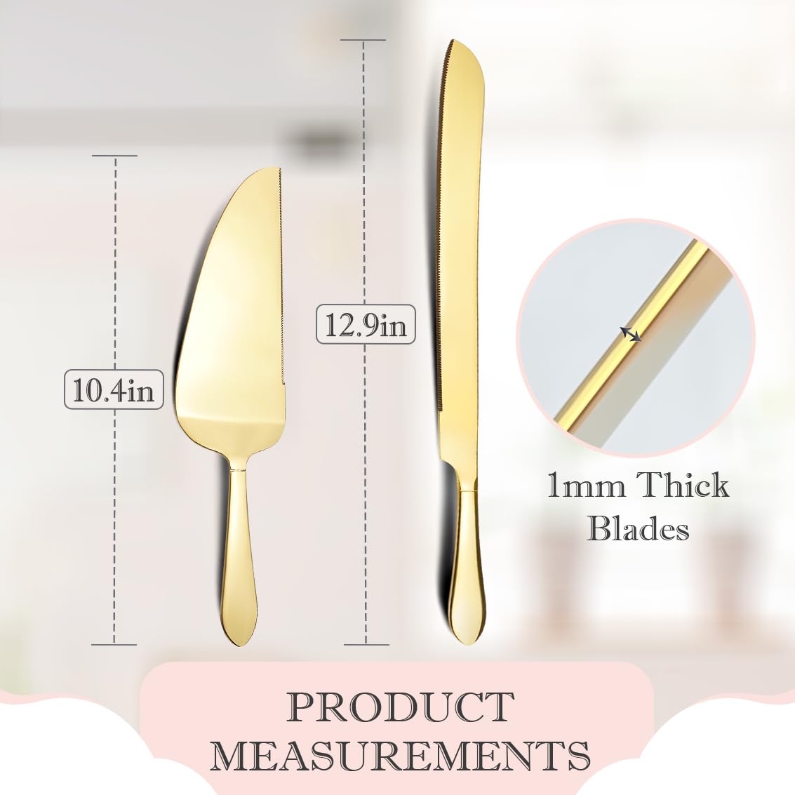 Teivio Cake Cutting Set (2 Pieces), Stainless Steel Wedding Cake Knife and Server Spatula, Cake & Pie Serving Set for Birthday, Wedding, Parties, Thanksgiving (Gold)