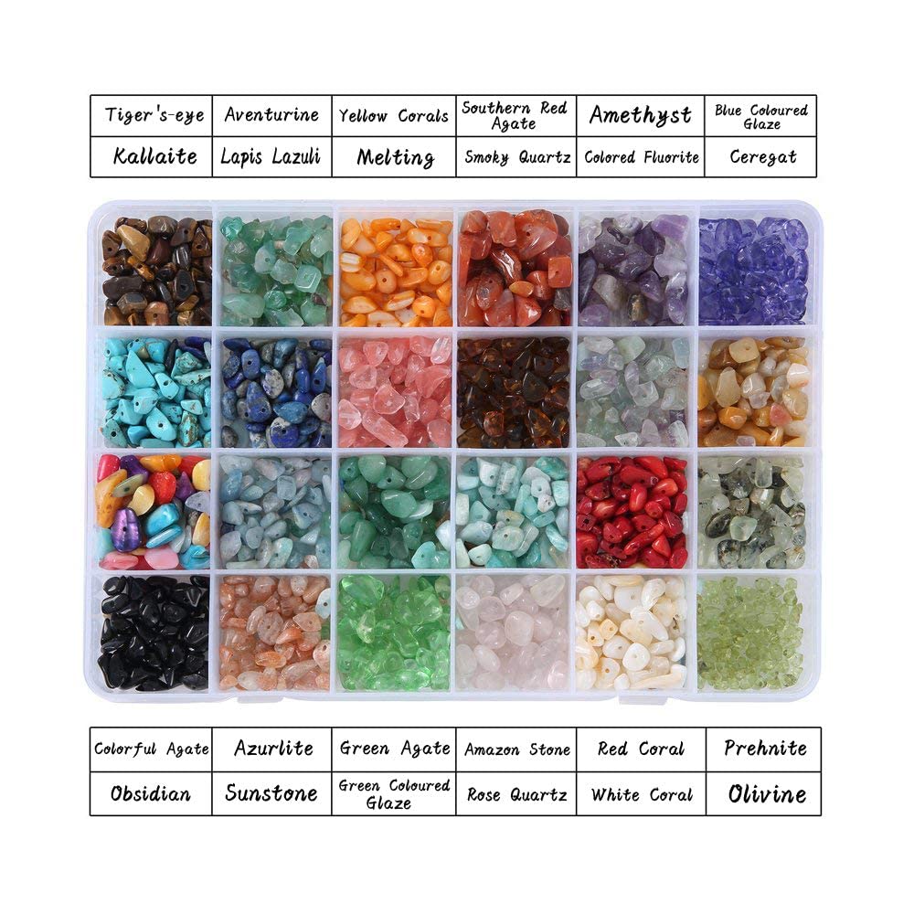 Efivs Arts 1500PCS Stone Beads, Crystal Beads Ring Making Kit Gemstone Beads Set 24 Styles Crystal Pieces for Jewelry Making Crushed Chunked for DIY Crafts for Holiday Gift