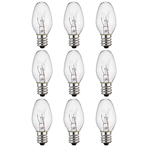 9-Pack,7 Watt Salt Lamps and Night Light Replacement Bulbs, Crystal Clear Glass,C7/7 Watt/120 V/45 Lumen,E12 Candelabra Base Long Life Incandescent Bulbs