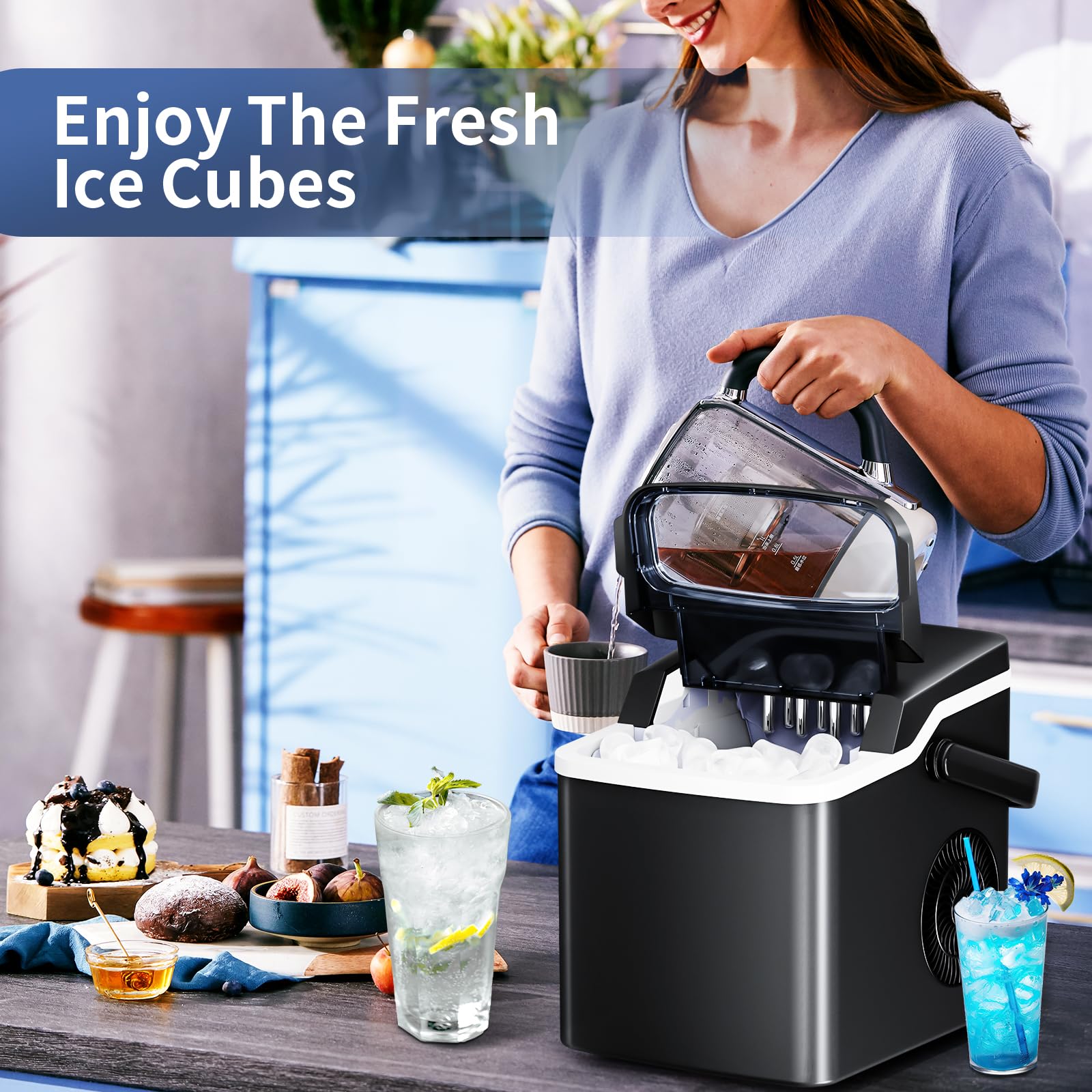 Antarctic Star Ice Maker Countertop, 26Lbs/24H, 2 Sizes Bullet Ice Cubes with Handle, 9 Cubes in 6 Mins, Portable Ice Machine with Self-Cleaning, for Office/Dorm/Kitchen/RV, Grey