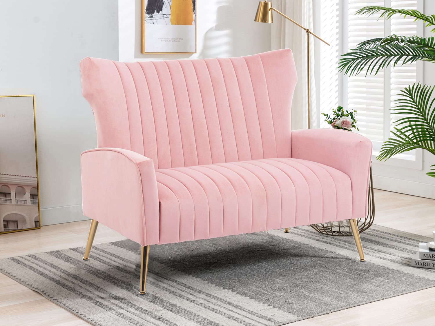 Altrobene Velvet Couch Modern Wingback Loveseat Tufted Luxury Sofa with Gold Legs for Living Room/Bedroom, Light Pink